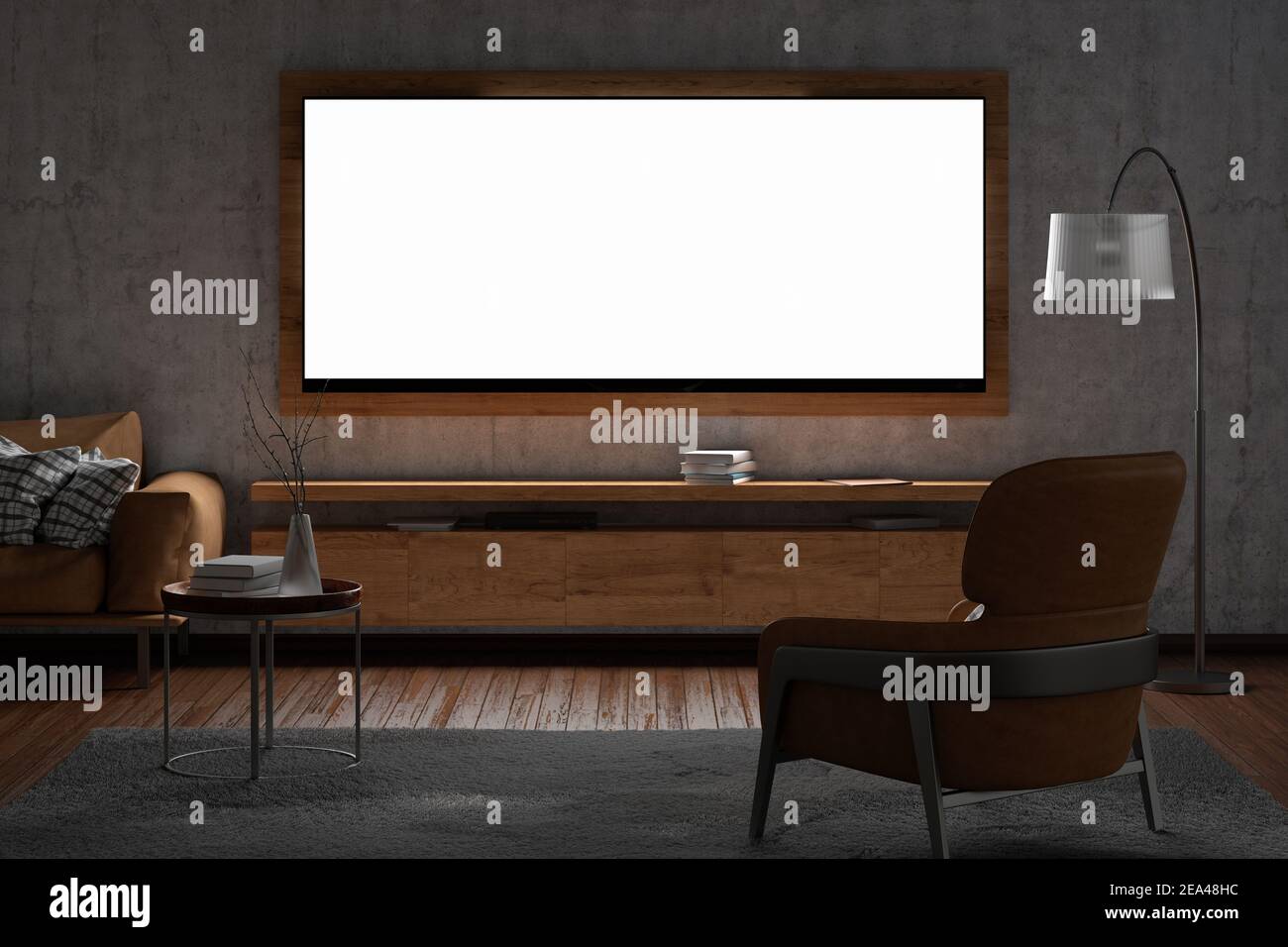 Glowing TV wide screen at night on the concrete wall in living room ...