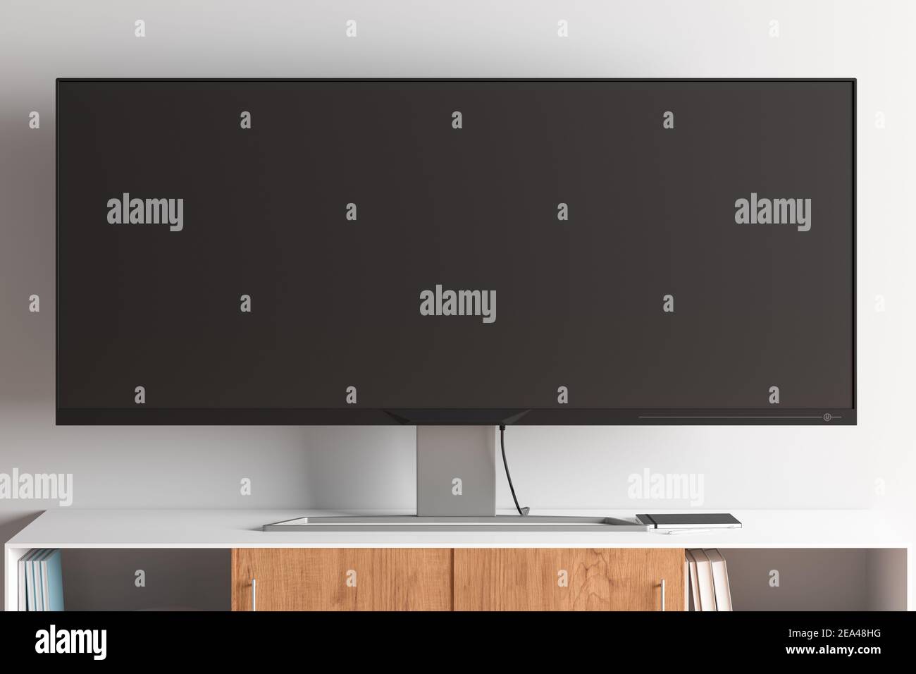 TV wide screen on the TV stand in modern living room with white wall ...