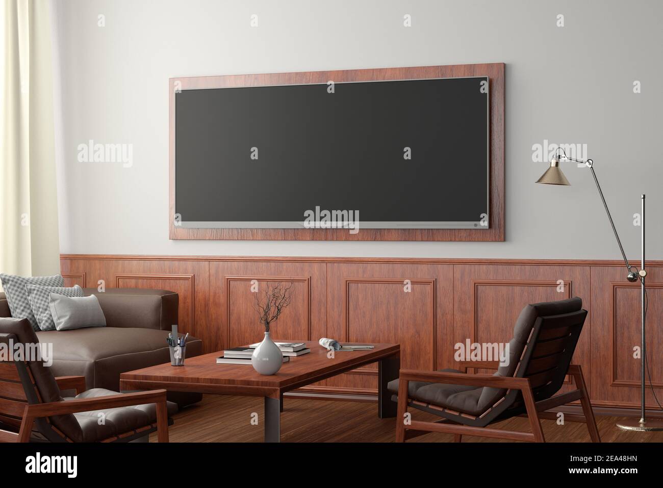 TV wide screen on the white wall in classic living room. Side view ...