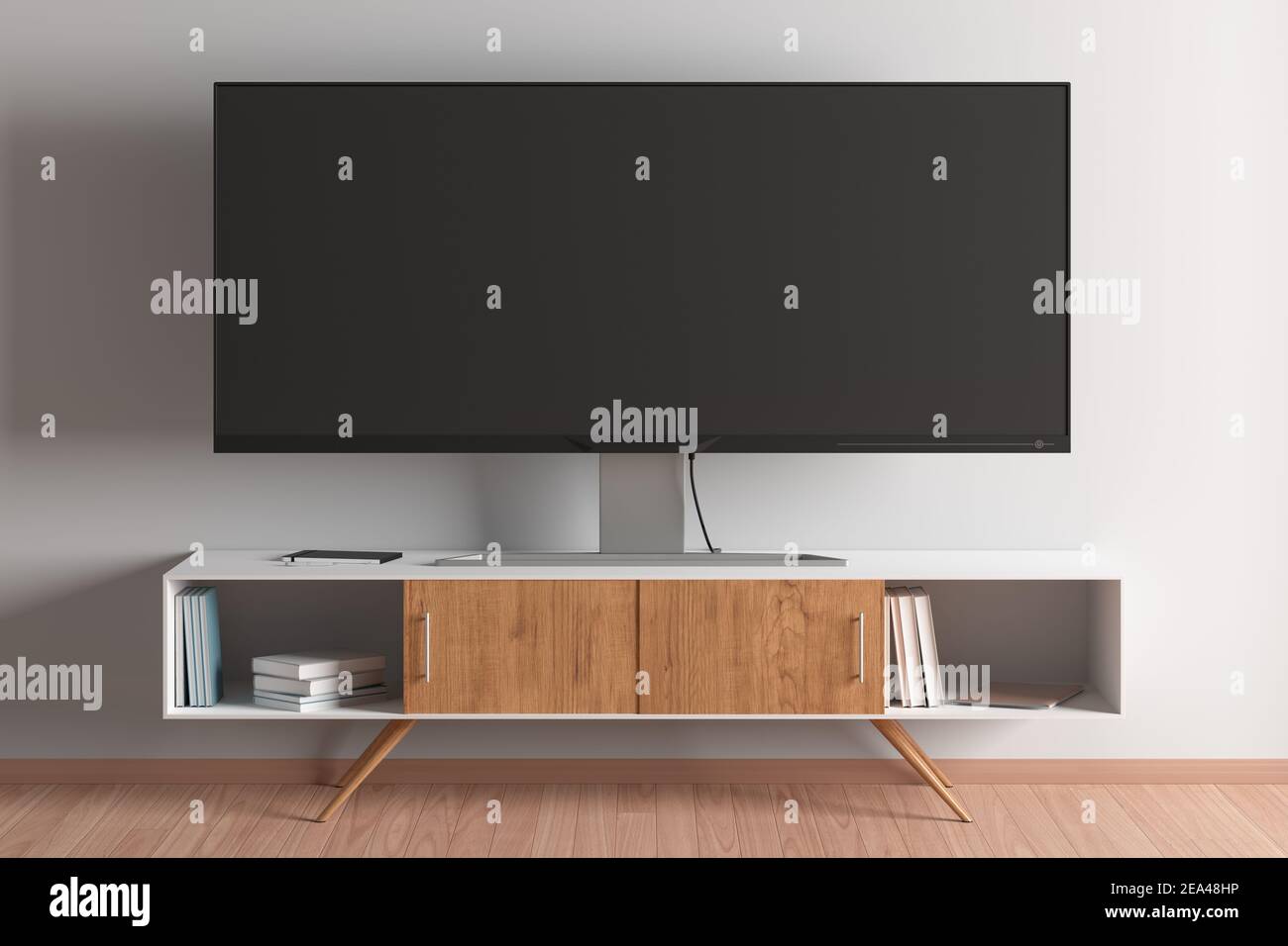 TV wide screen on the TV stand in modern living room with white wall ...