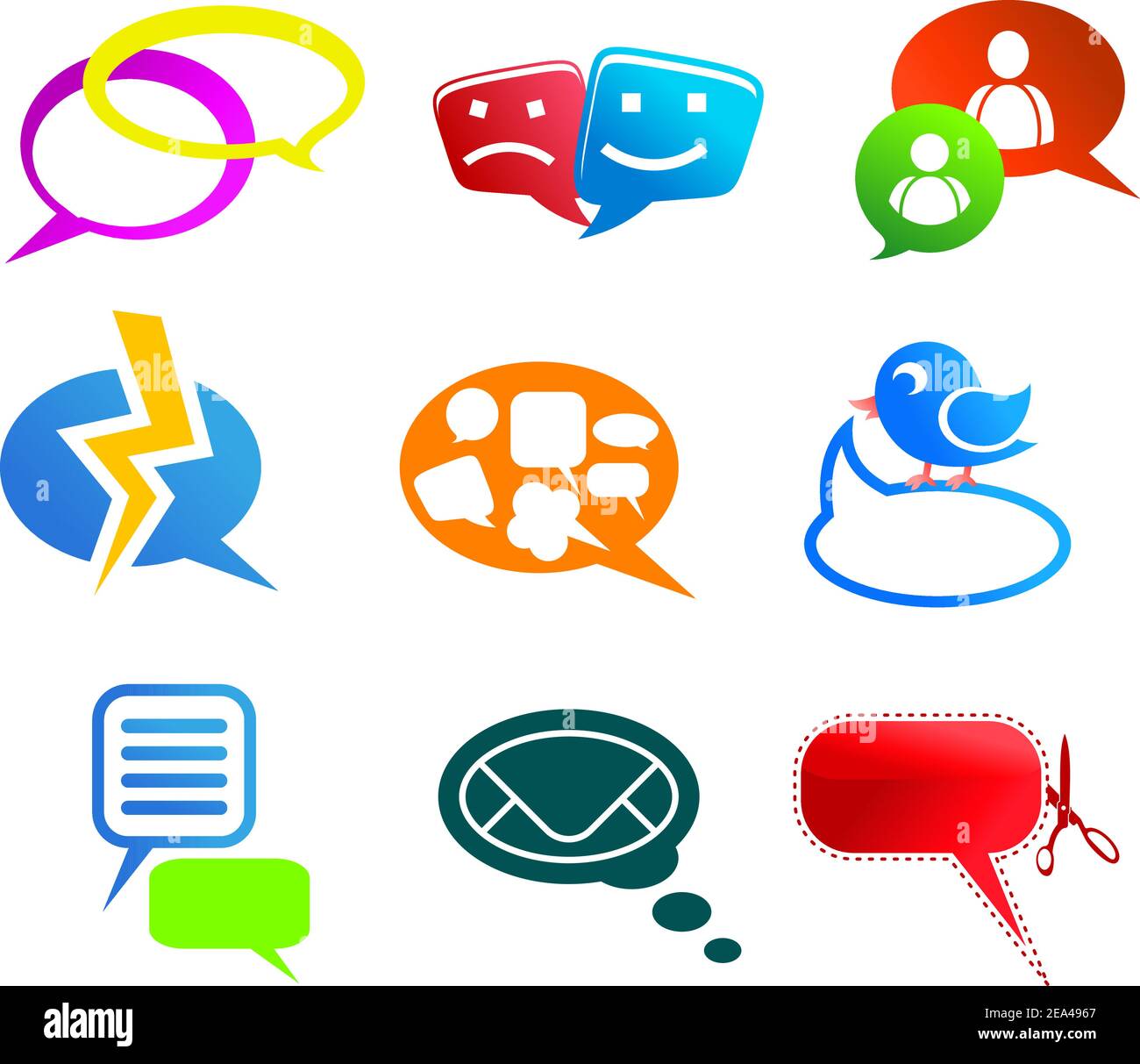 Chat and communication icons and symbols set isolated on white ...