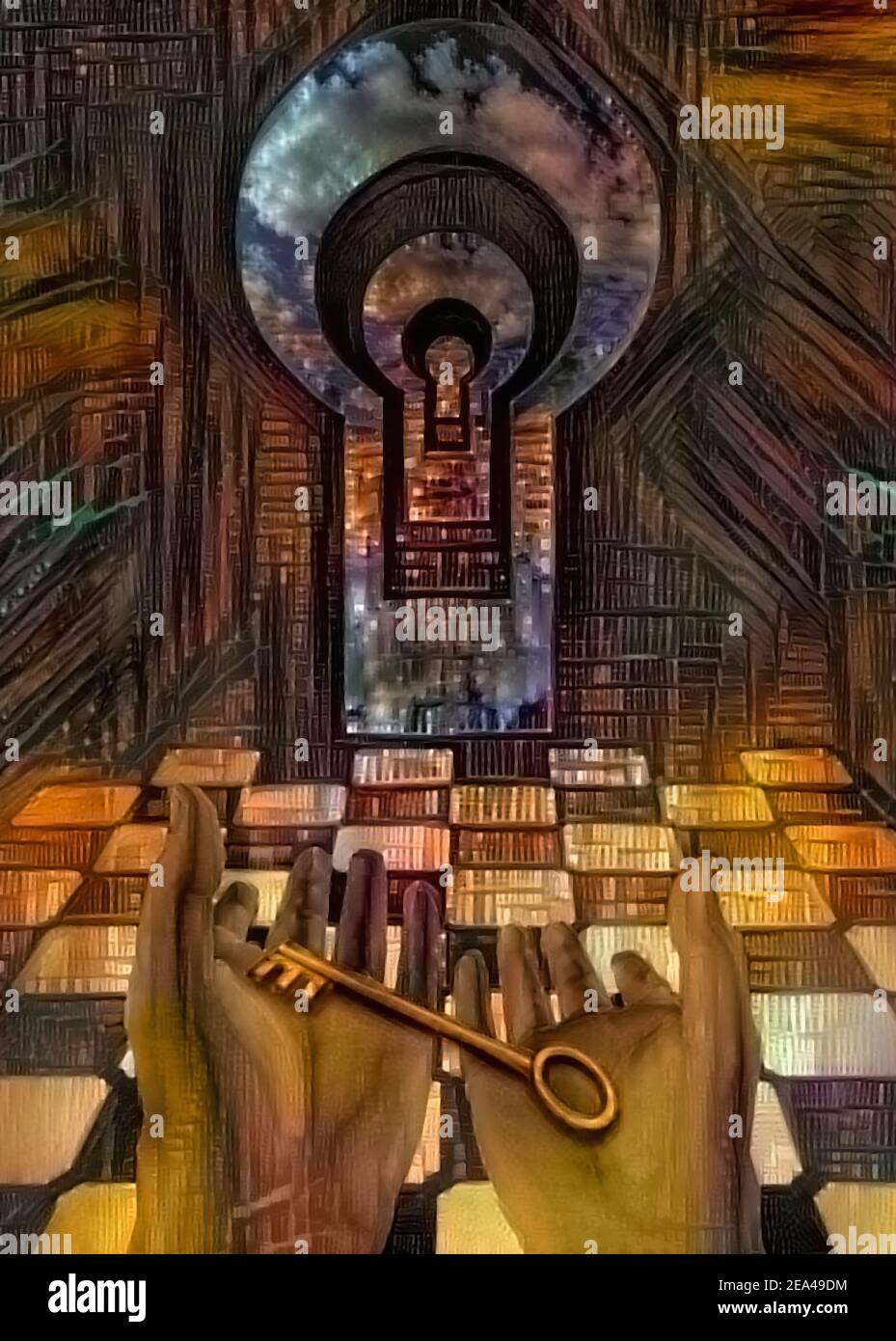 Key in human hands. Mystic keyhole in the wall. 3D rendering Stock ...