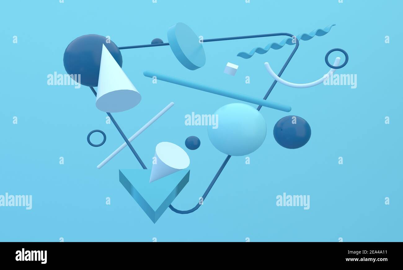 A 3D rendering of different geometric shapes isolated on a blue ...