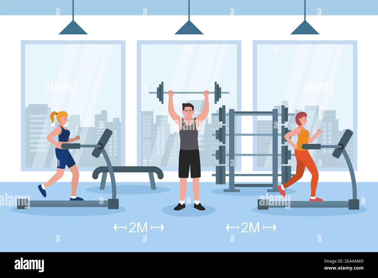 An illustration portraying people working out at the gym while keeping ...