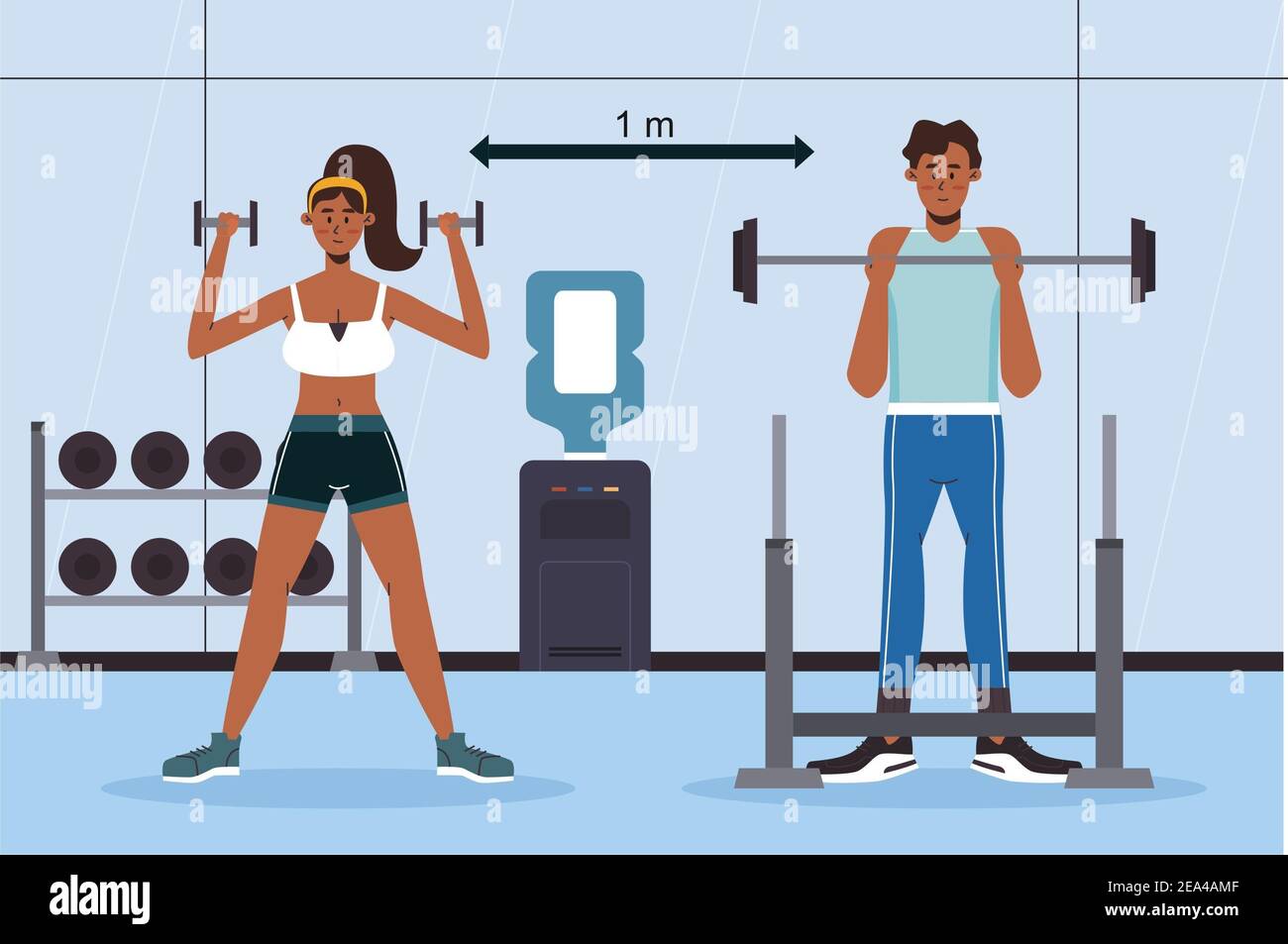 An illustration portraying people working out at the gym while keeping ...