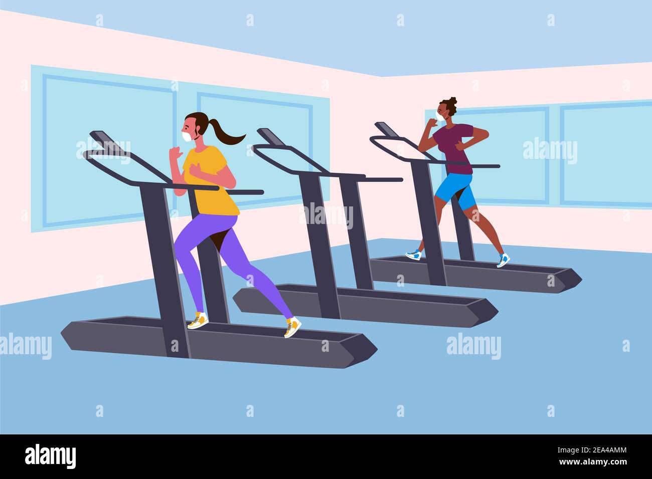 An illustration portraying people working out at the gym while keeping ...