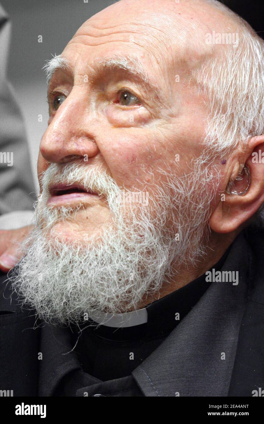 French Abbe Pierre during a press conference held at Saint-Louis ...