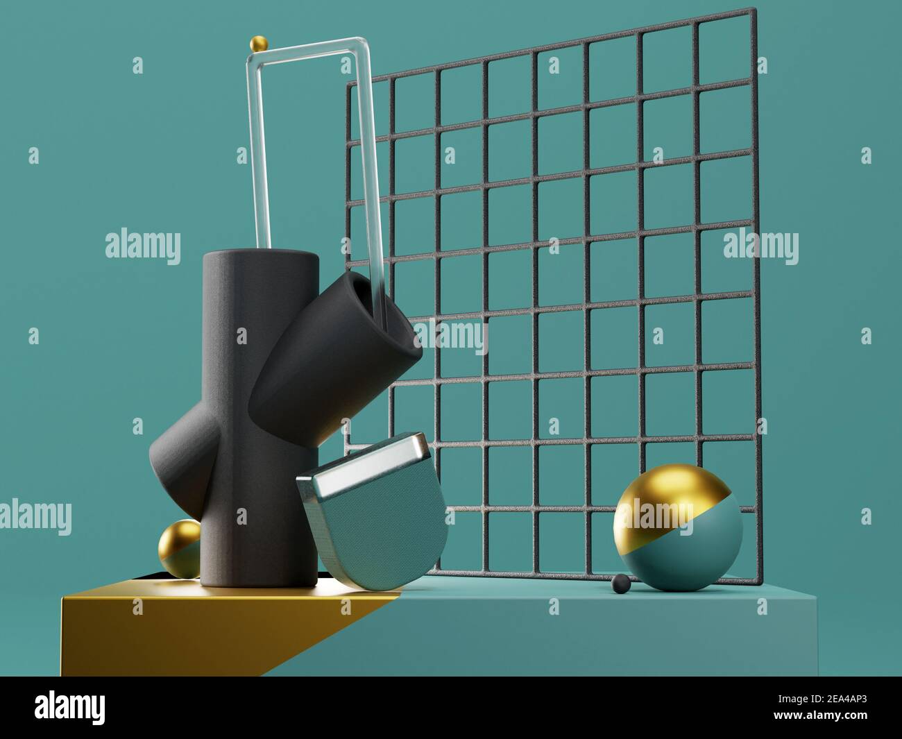 3d render stage with abstract geometric shapes in blue and gold colors ...