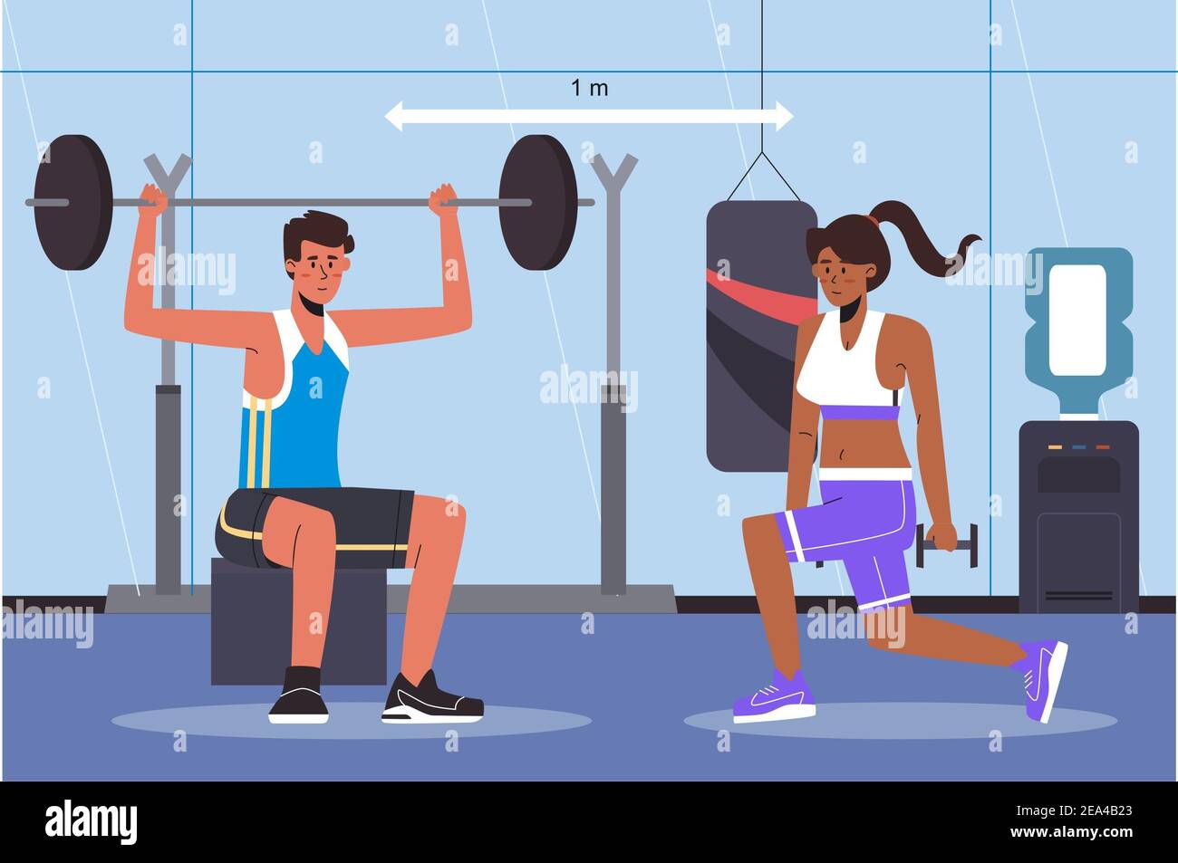 An illustration portraying people working out at the gym while keeping ...
