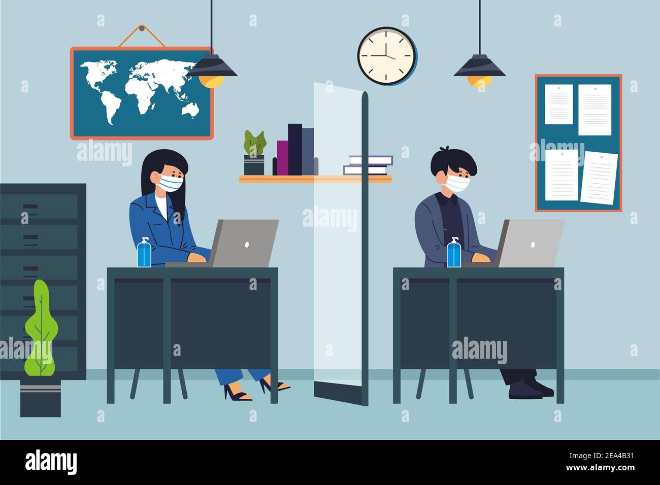 An illustration with people keeping social distance at a work Stock ...