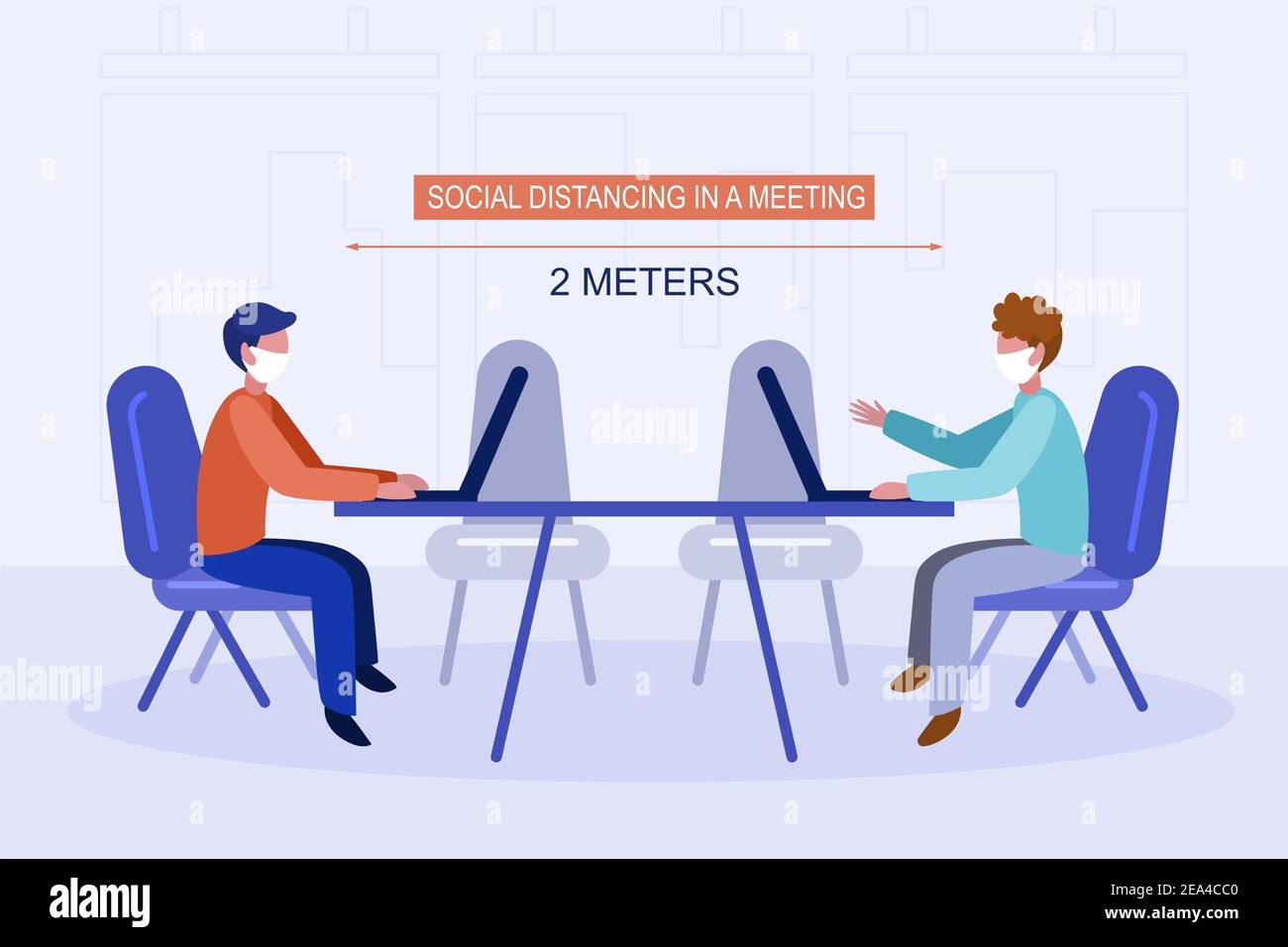 An illustration with people keeping social distance at a work Stock ...