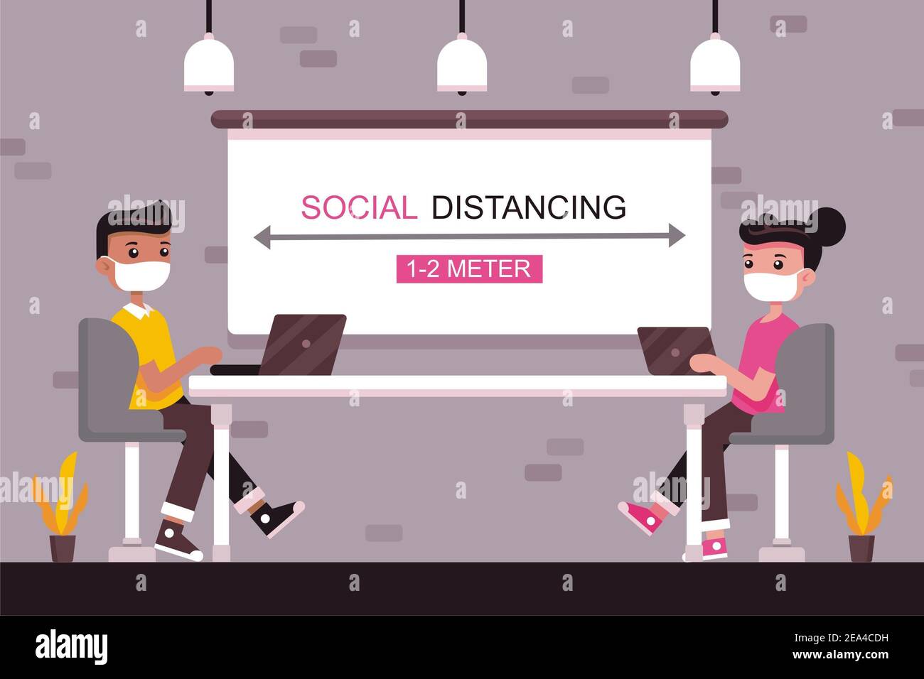 An illustration with people keeping social distance at a work Stock ...