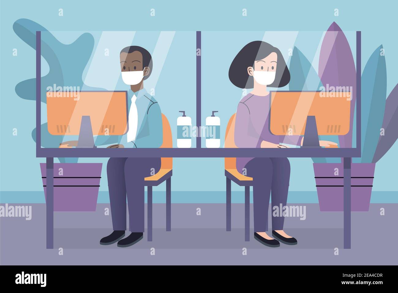 An illustration with people keeping social distance at a work Stock ...