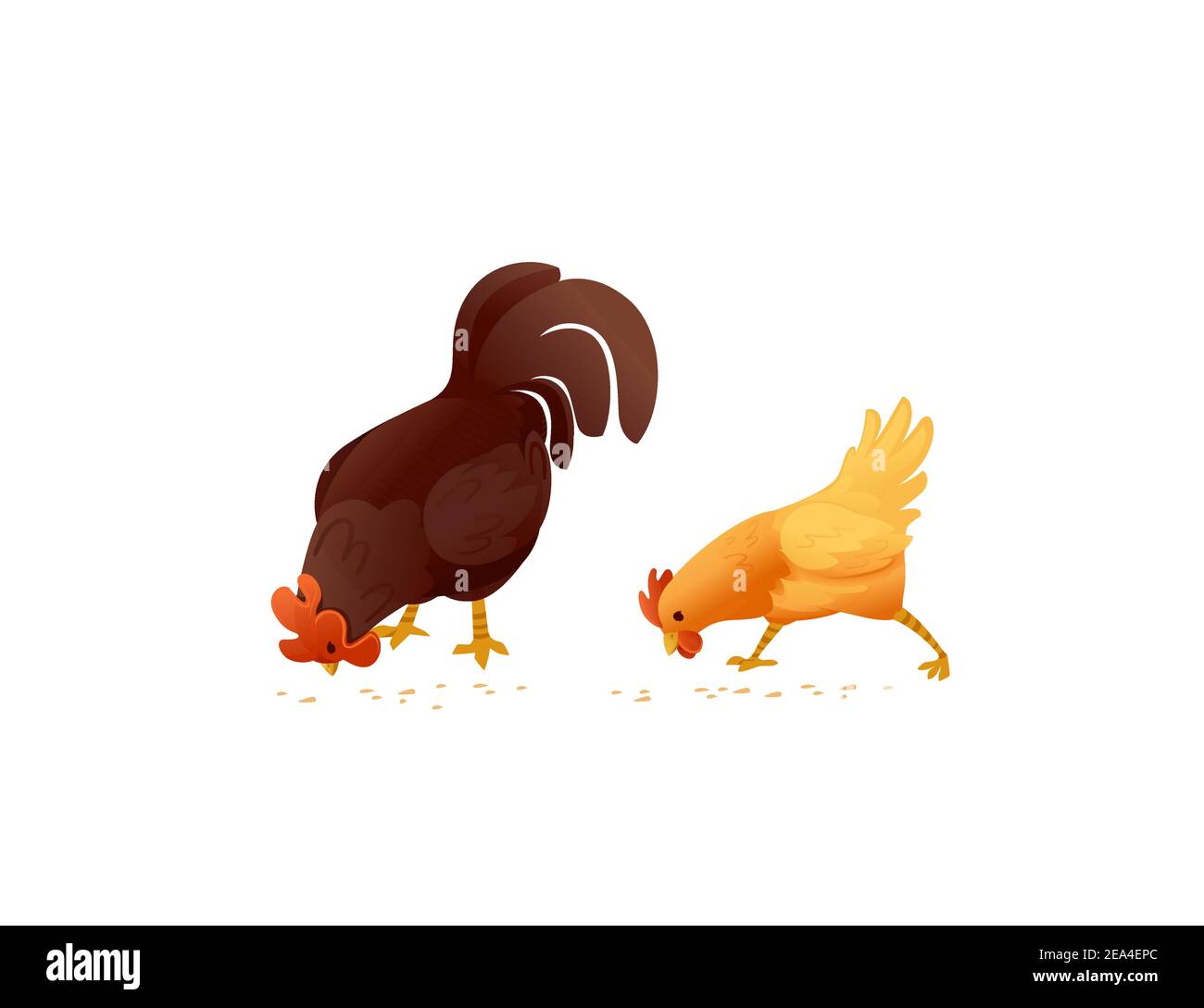 Cute cock and chiken eating grain farm agriculture hen rooster cartoon ...
