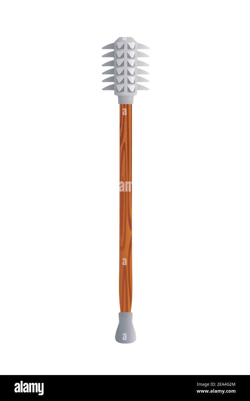 Medieval weapon two-handed mace with wooden handle and spiked iron head ...