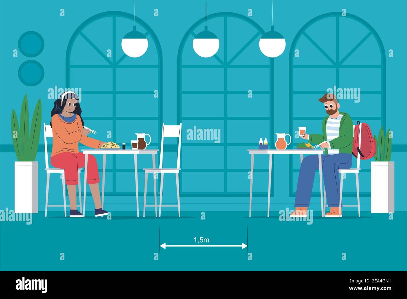 An illustration with people keeping social distance at a cafe Stock ...