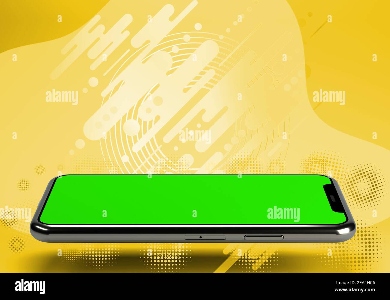 A 3D rendering of a phone with a green screen floating on yellow tech ...
