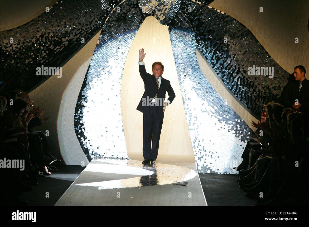 Italian fashion designer Valentino waves to the guests at the ...