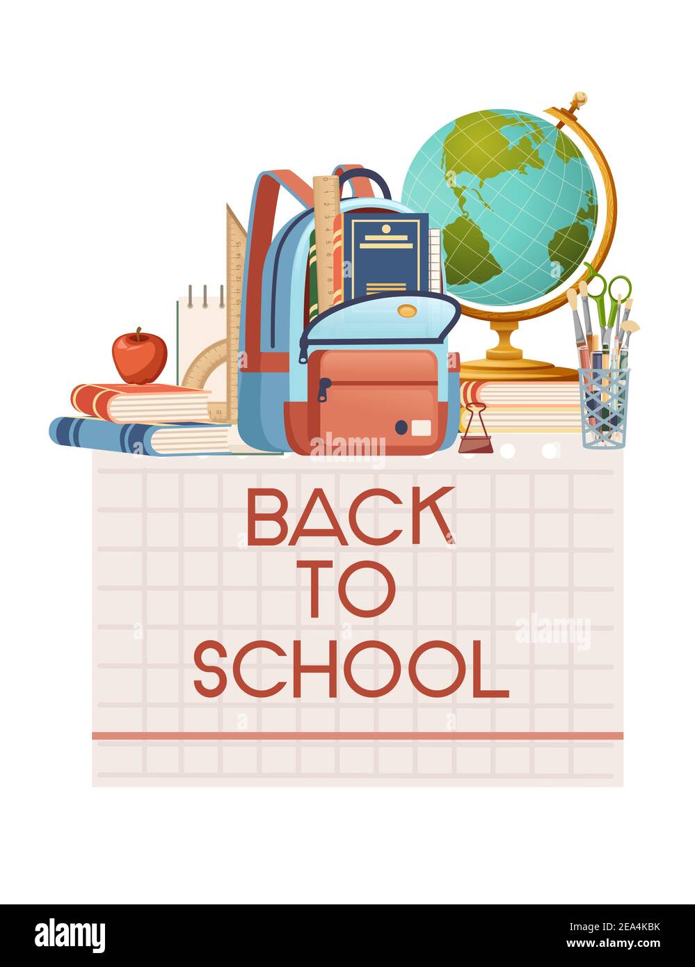 Back to school banner with sign opened book backpack globe and ...