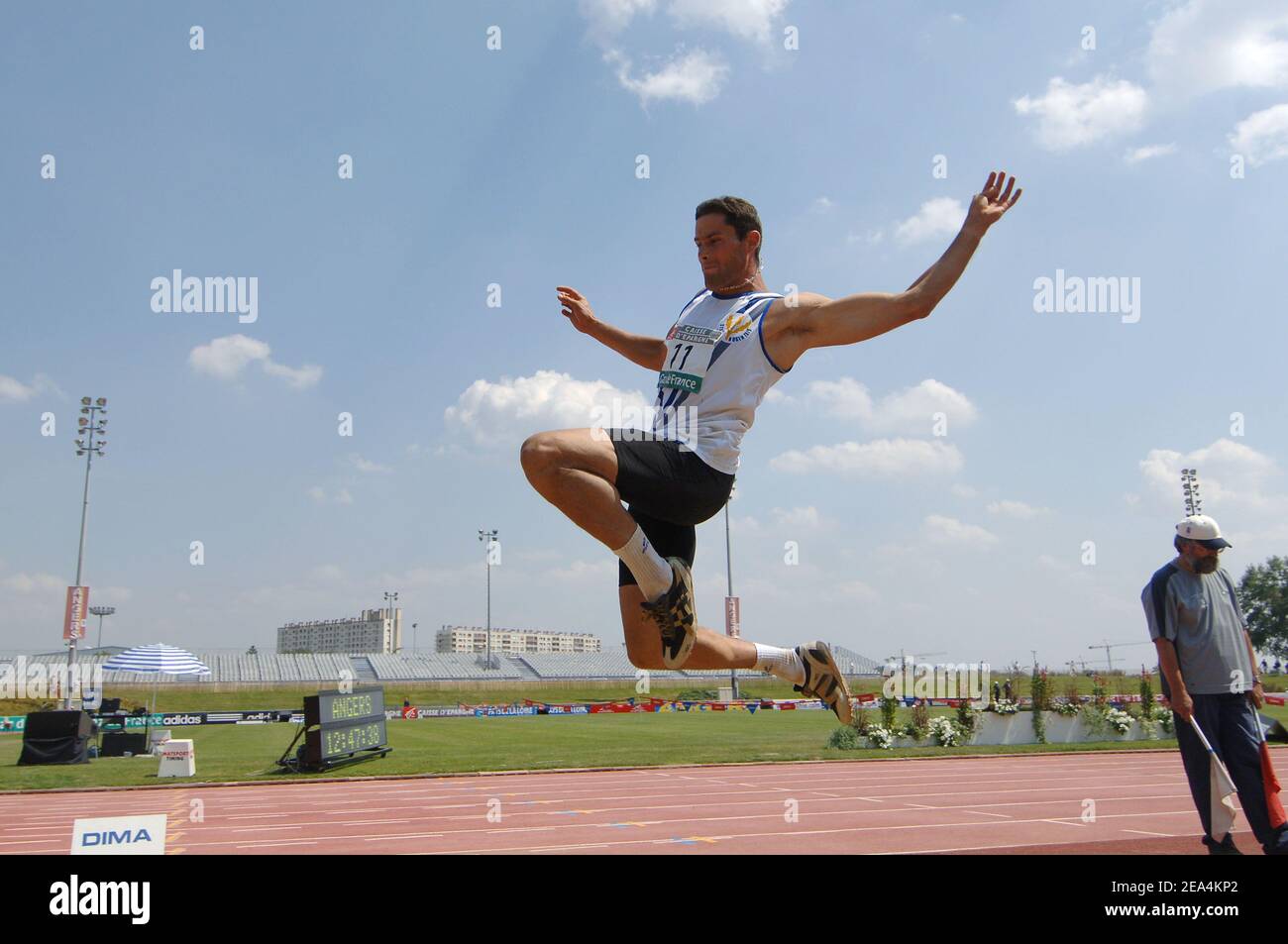 French athlete Laurent Hernu at the long jump of the decathlon, during ...