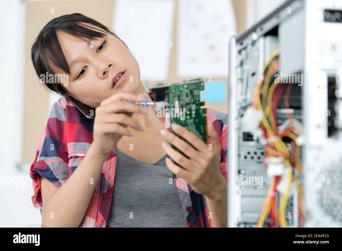 smiling friendly woman operator monitoring customer computer Stock ...