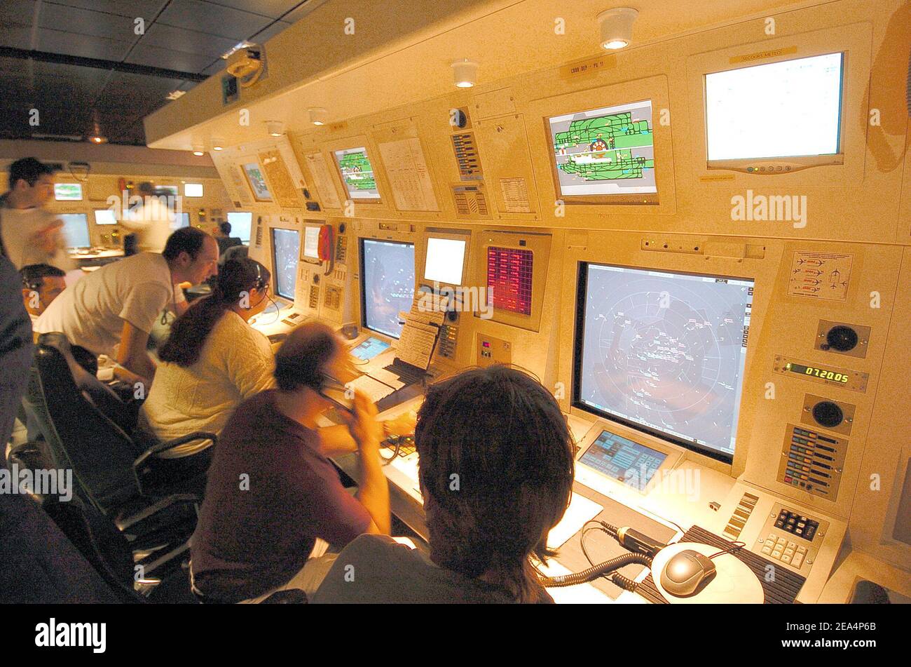 Air-traffic controllers at work in the command room of the control ...