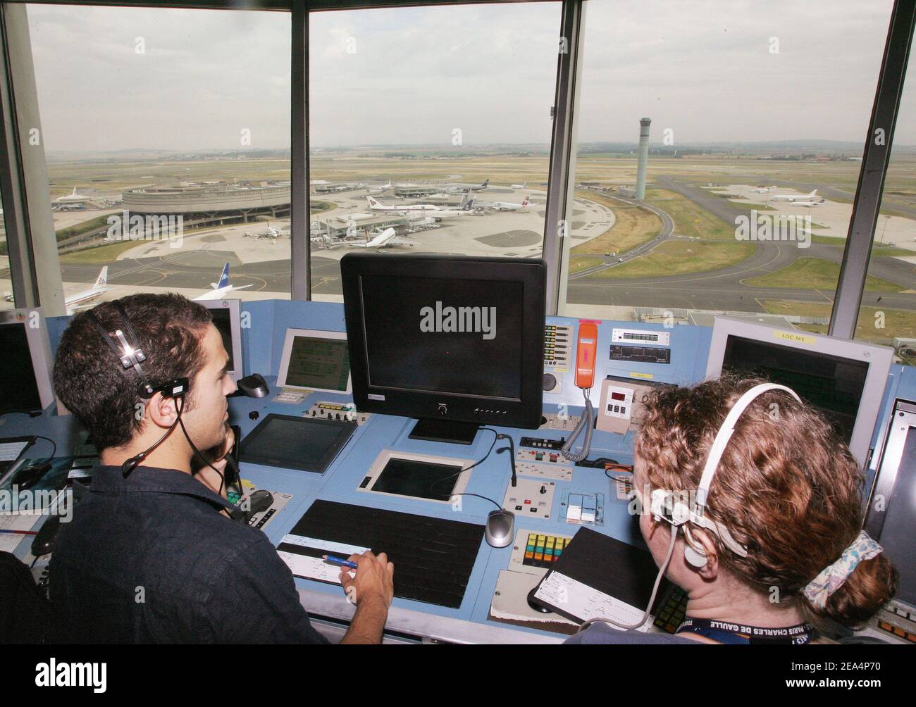 Air-traffic controllers at work in the command room of the control ...