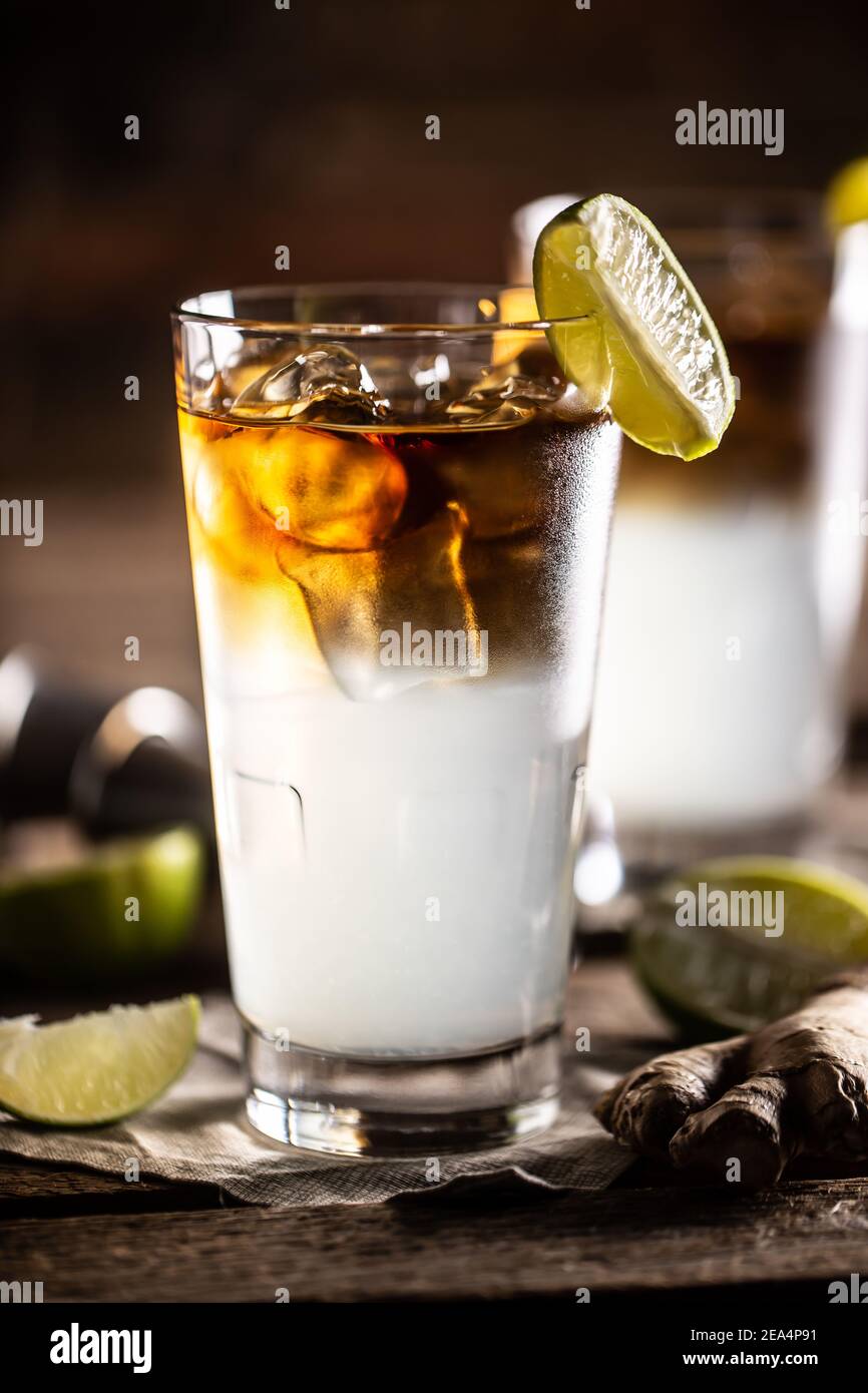 Dark n Stormy highball cocktail served as a long drink with rum, fresh lime juice, and ginger ...