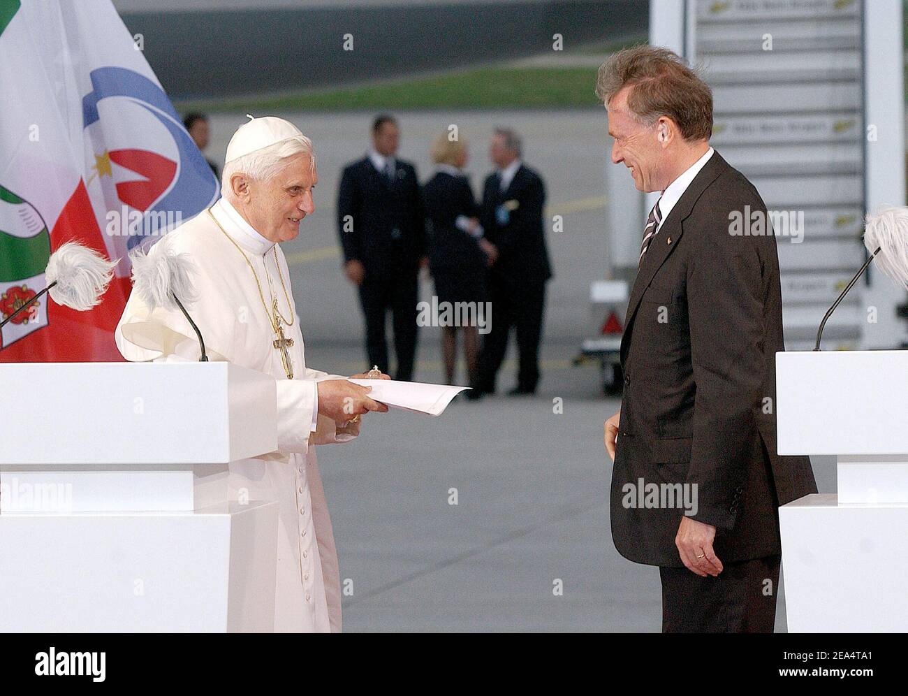 Pope Benedict XVI is greeted by German president Horst Koehler as he ...