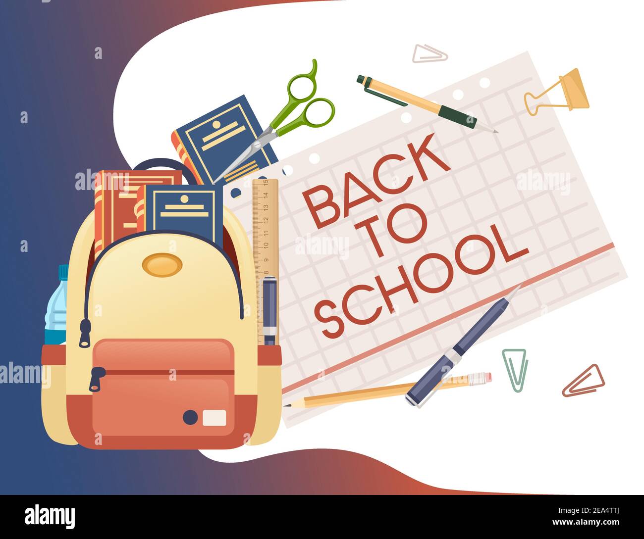 Back to school banner with signa stationery and books in backpack ...