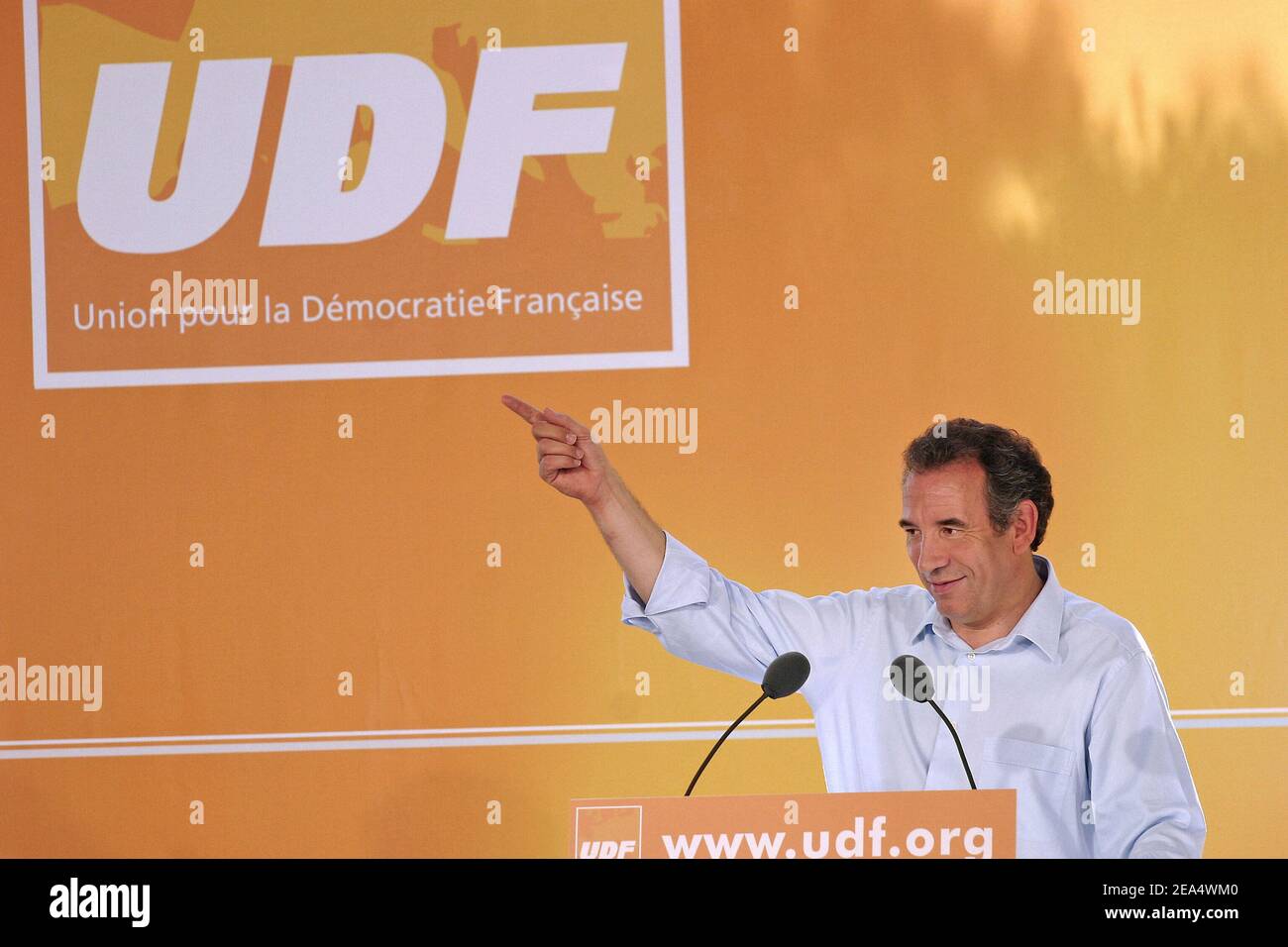 French leader of UDF party, Francois Bayrou, delivers his speech during ...