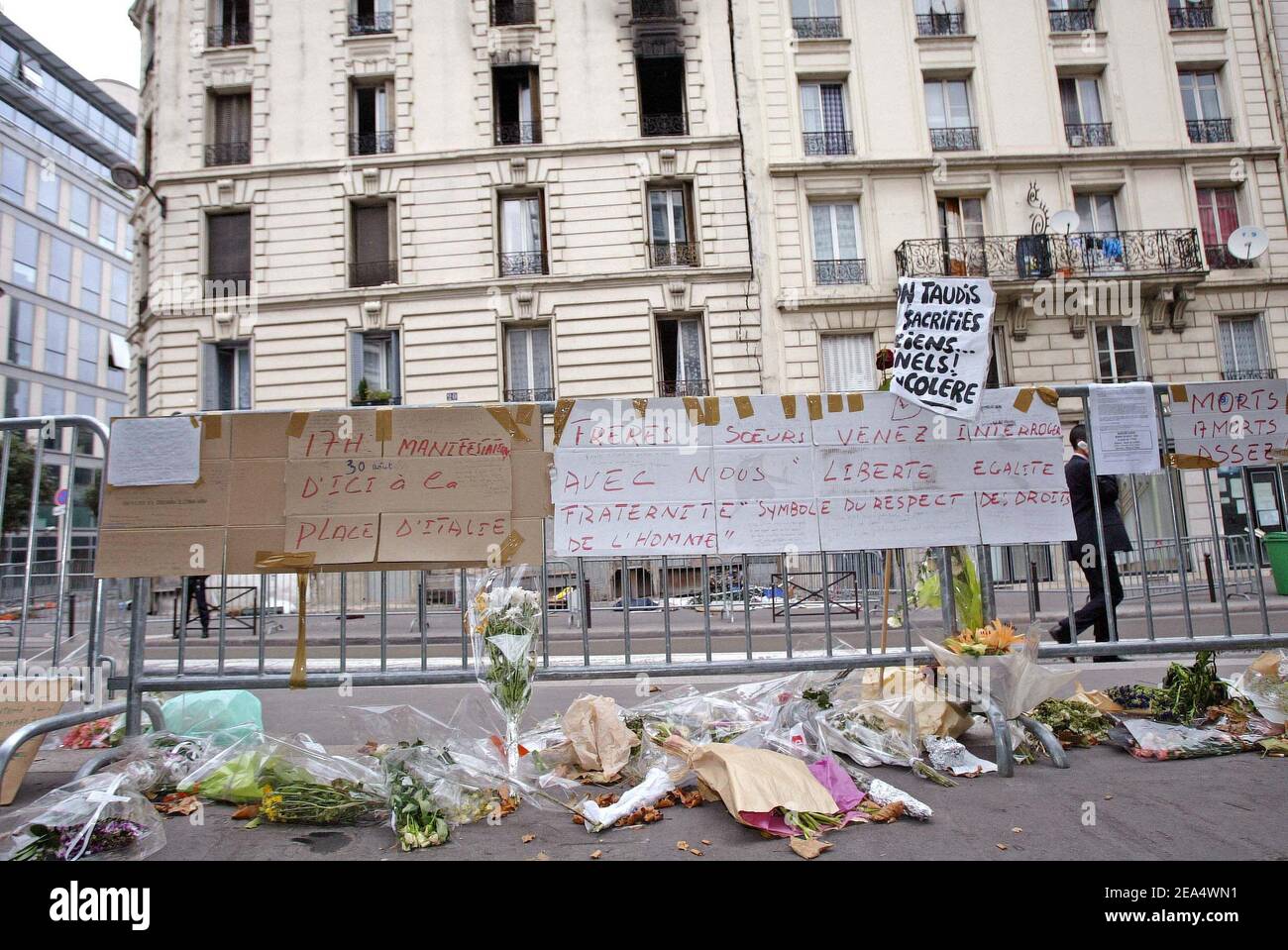 Demonstration, in Paris, France, on September 1, 2005, after a fire ...