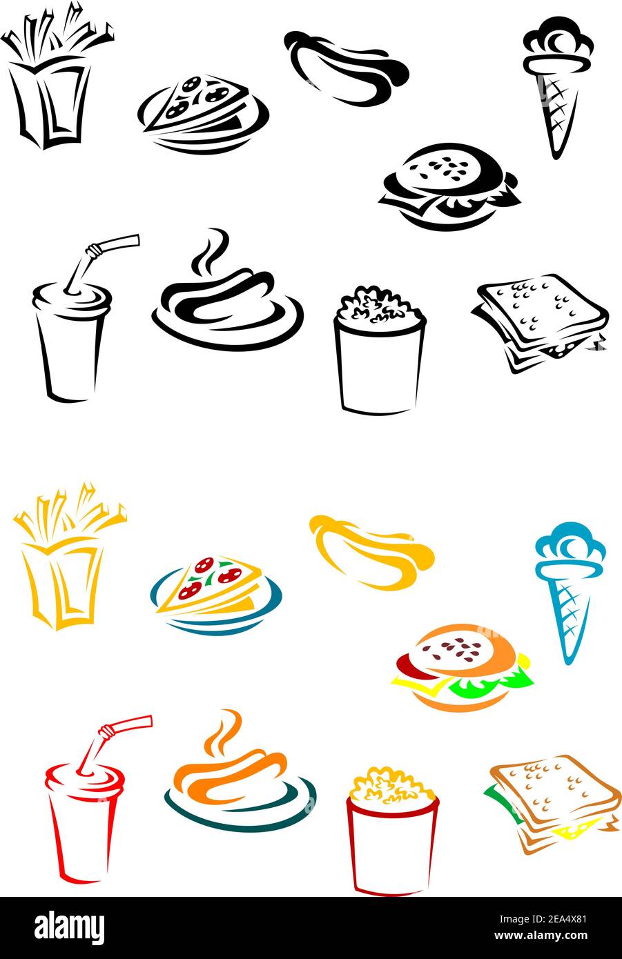 Fast food elements set in color and w/b variations Stock Vector Image ...
