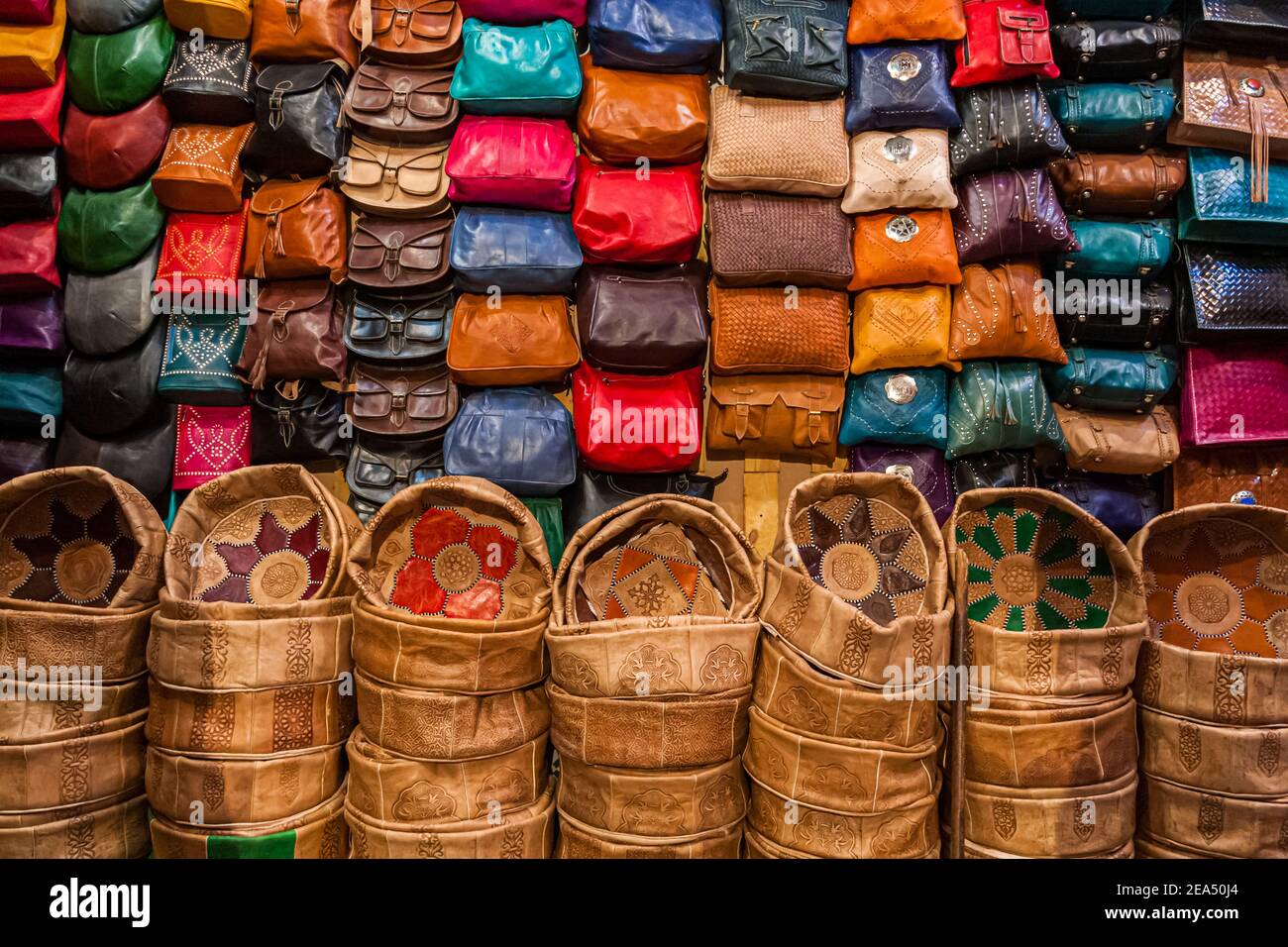 Leather goods from the medina of Fes, Ouled Tayeb, Morocco Stock Photo ...