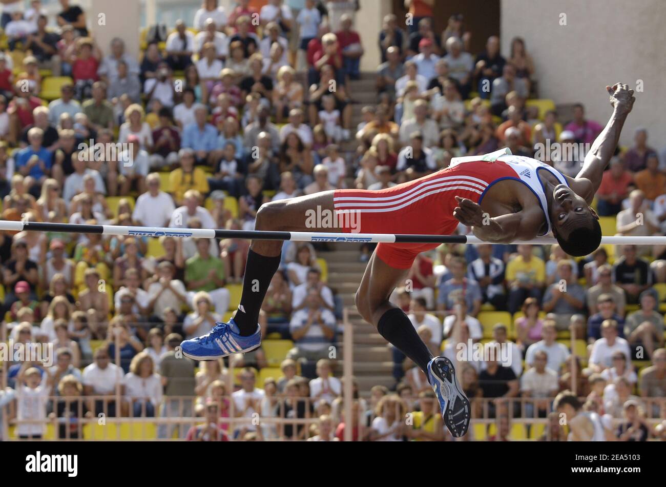 Victor Moya of Cuba takes the first place on men's high jump during the ...