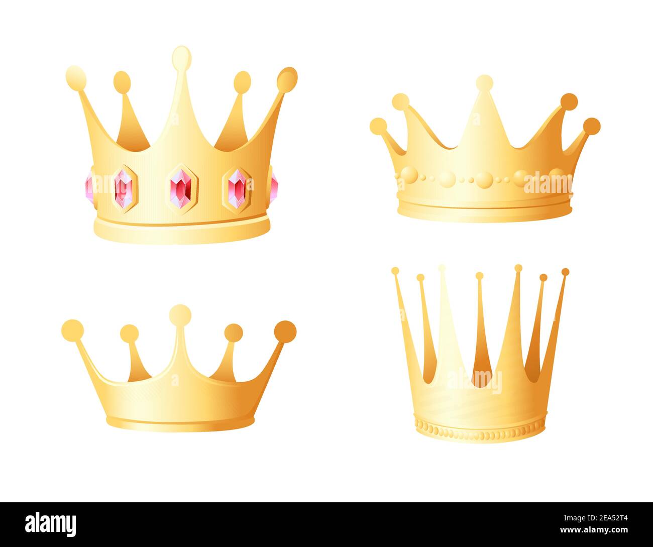 Set of golden crowns medieval monarch leadership symbol with gems ...