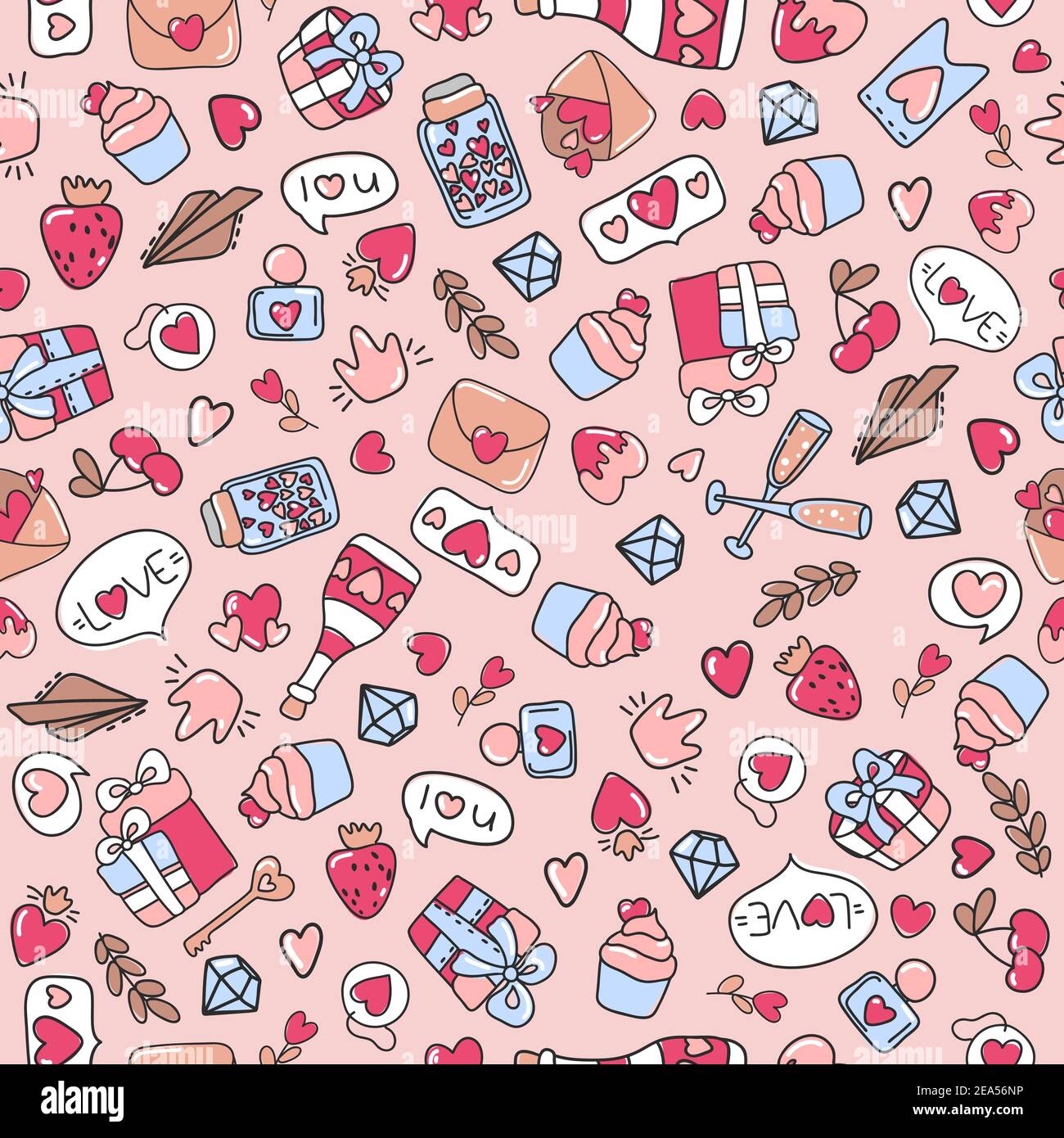 Vector doodle romantic seamless pattern. Hearts, love, lips, kisses ...