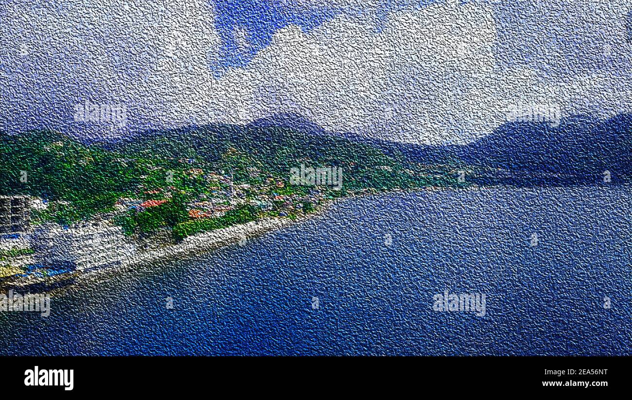 Azure coast illustration, tropical island illustration with the sea in ...