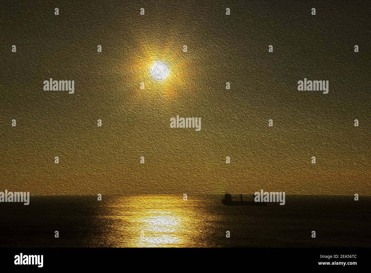 Illustration of a ship in the sea at sunset, texture of a golden shade ...
