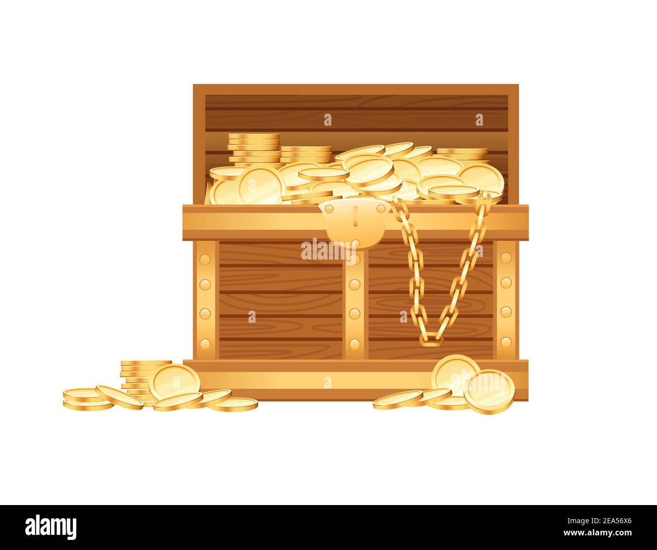 Wooden open chest with golden coins and chains pirate treasure box game ...