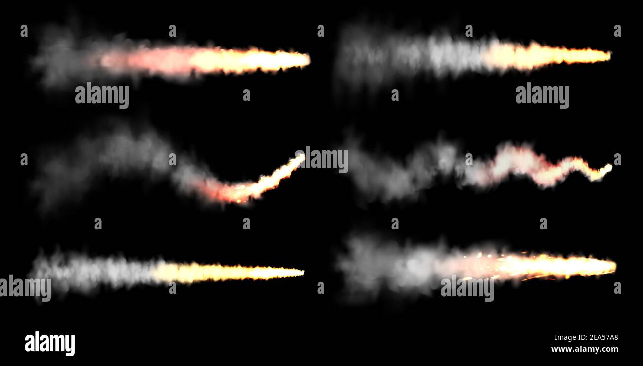 Realistic space rocket launch trails on black background. Fire burst ...