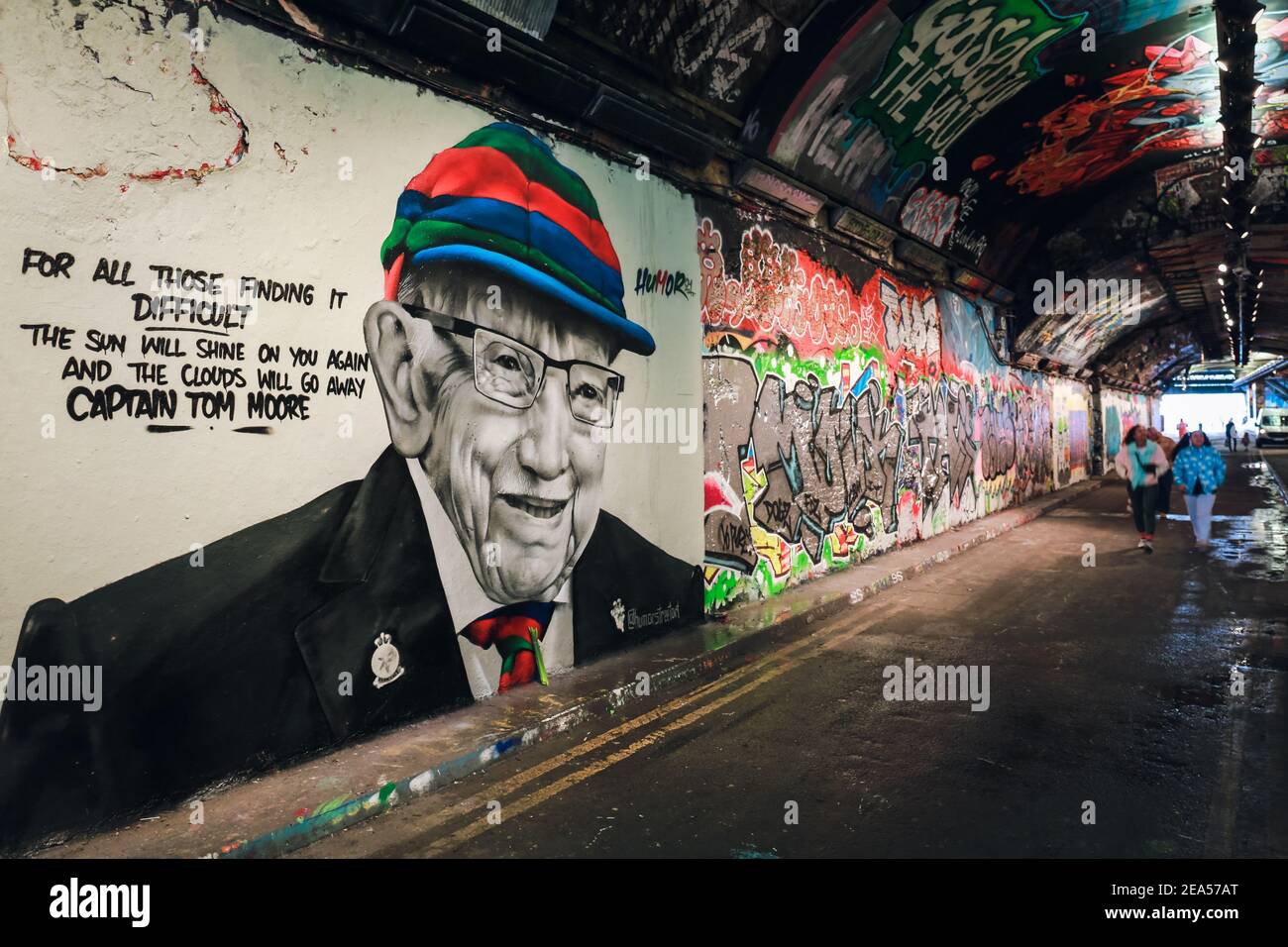 London, UK. 05 February 2021. Mural in tribute to Captain Sir Tom Moore ...