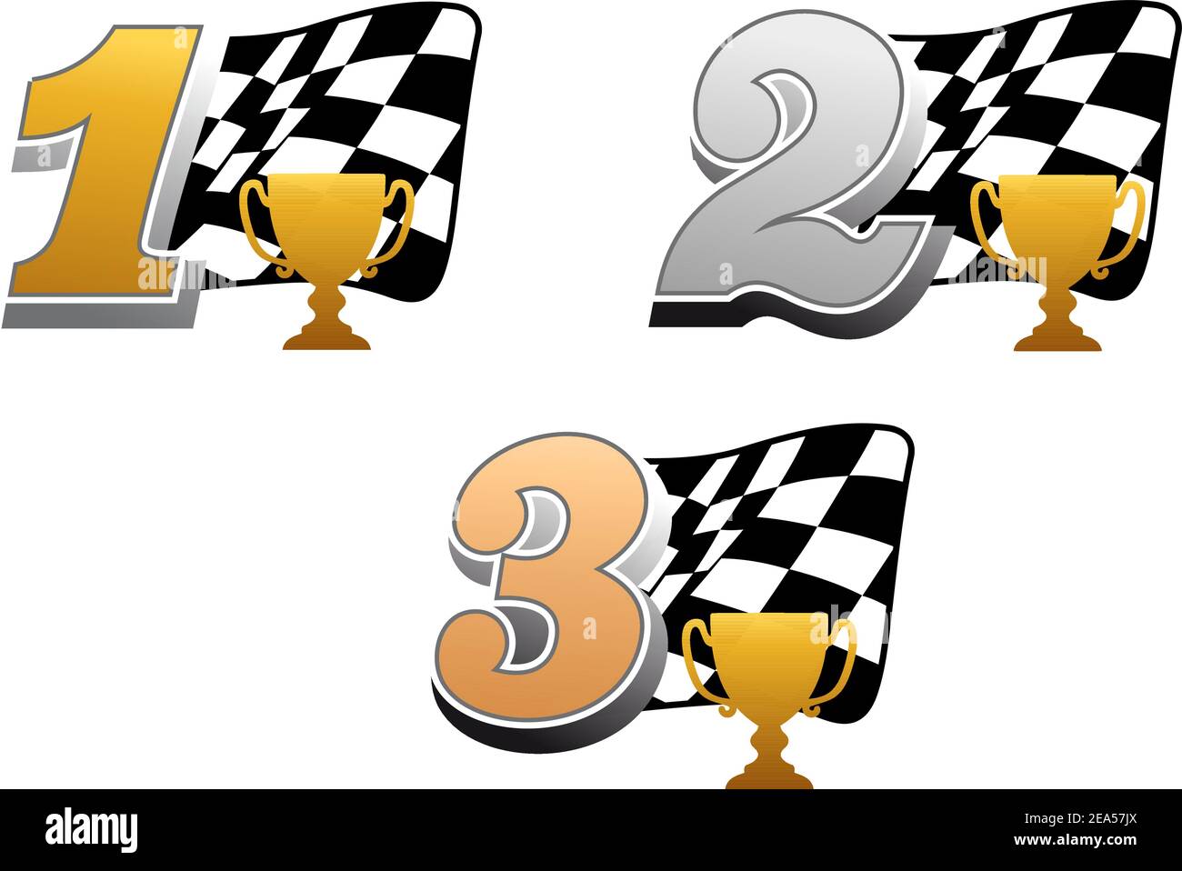 Chequered racing flag with trophy and golden, silver and bronze numbers ...