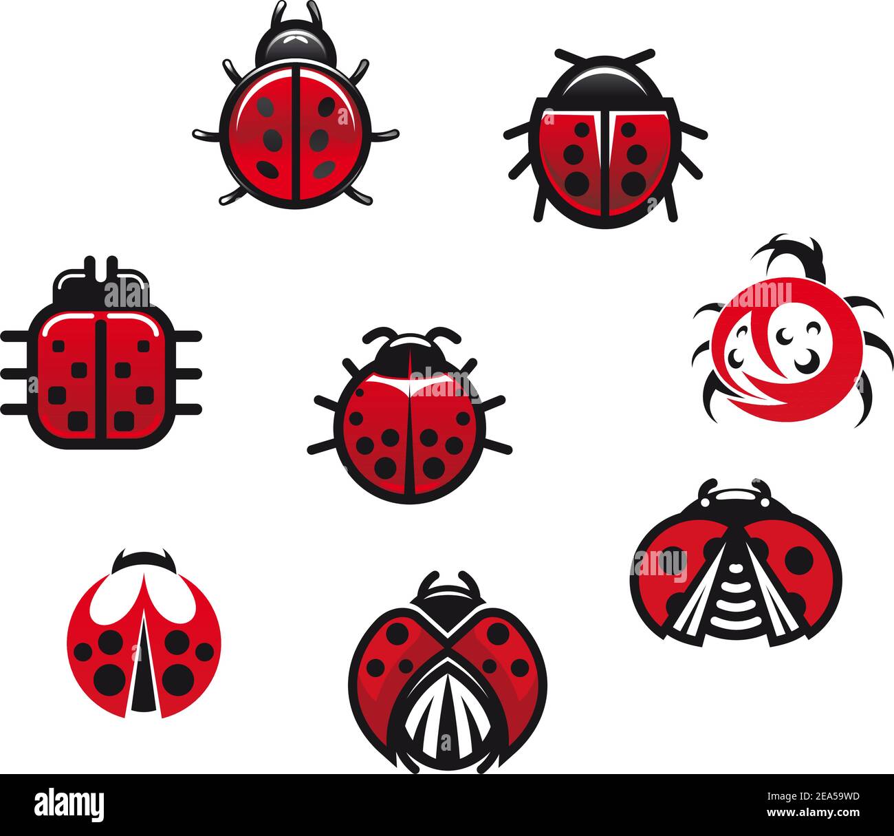 Ladybugs and ladybirds set in icon style isolated on white background ...