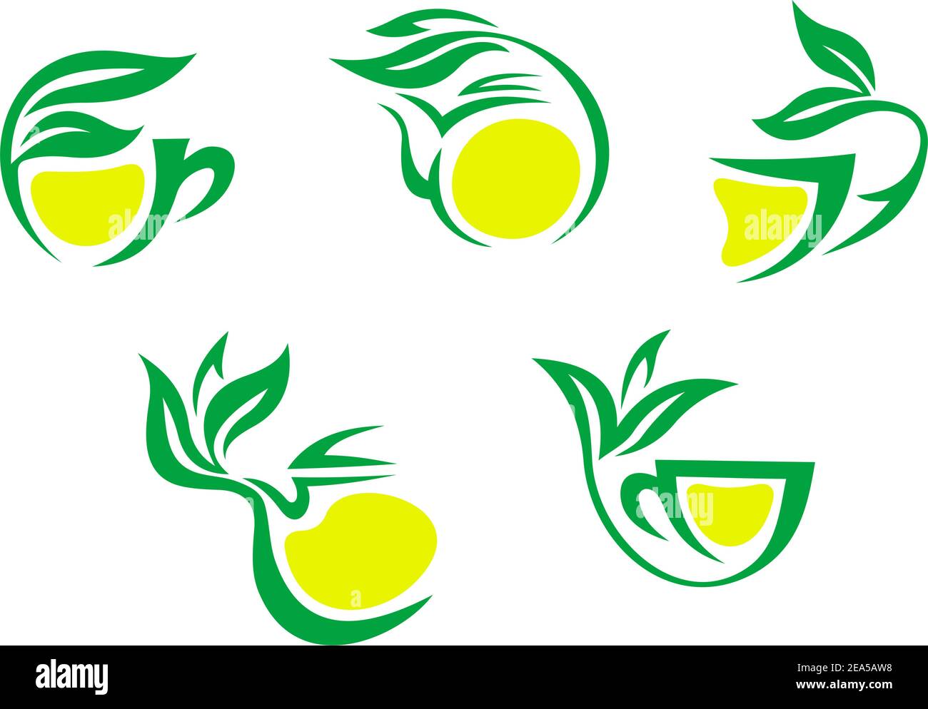 Tea cups symbols with lemon and green leaves for beverages design Stock ...
