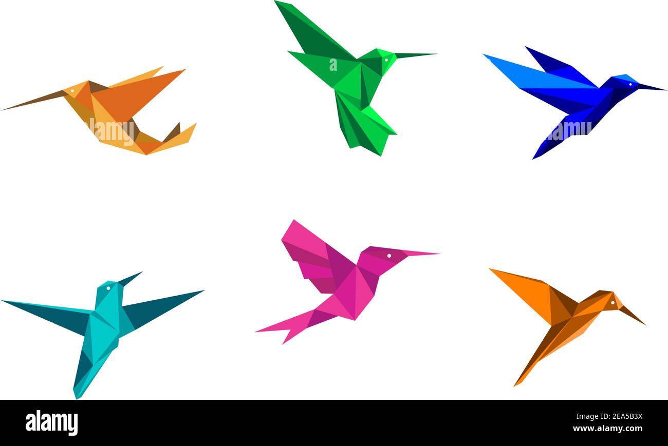 Colorful hummingbirds in origami paper style on white background Stock ...