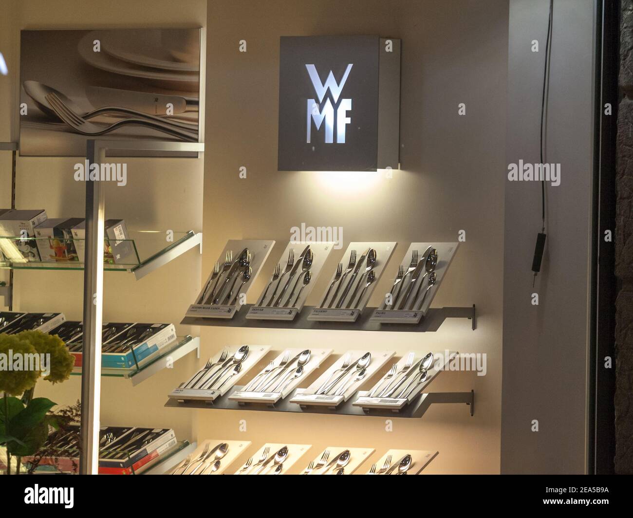 BELGRADE, SERBIA - OCTOBER 9, 2020: WMF logo in front of one of their retailers in Belgrade. WMF ...