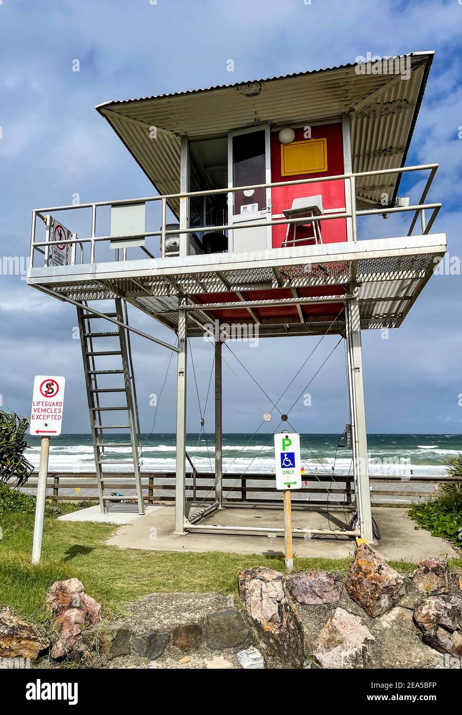 View of a permanent lifeguard observation tower build on a patrolled ...