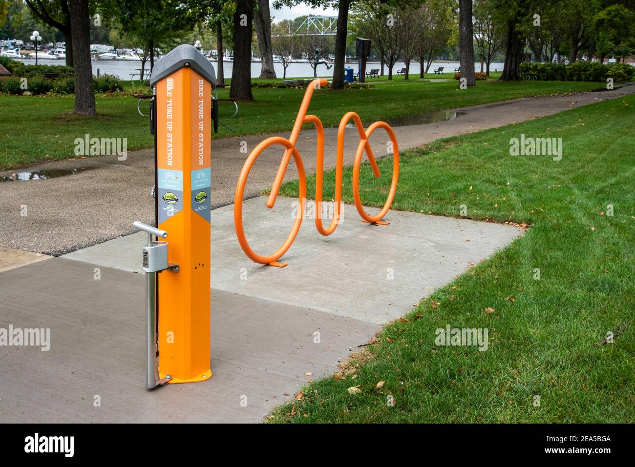 Red Wing, Minnesota. Bike tune up station in the city park which includes an air pump and tools ...