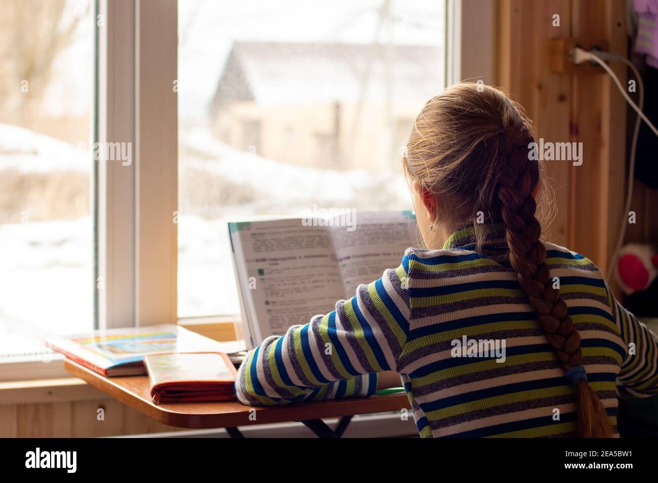 Back view of a schoolgirl sitting by the window and doing homework ...
